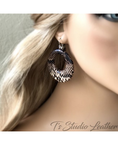 Black and Brown Python Snakeskin Leather Hoop Earrings
