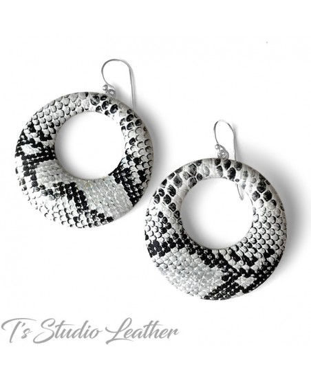 Black and Red Python Snakeskin Leather Hoop Earrings