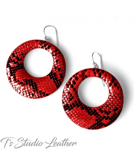Black and Red Python Snakeskin Leather Hoop Earrings