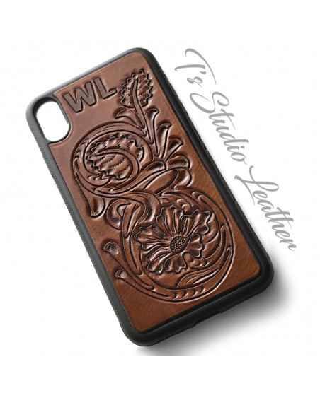 Personalized Hand Tooled Floral Leather Phone Case with Initials