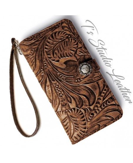 Leather Women's Wallet in Brown Floral Textured Western Style Cowhide