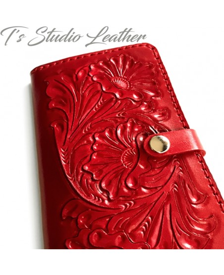 Western Style Hand Tooled Red Floral Folio Wallet Style Phone Case