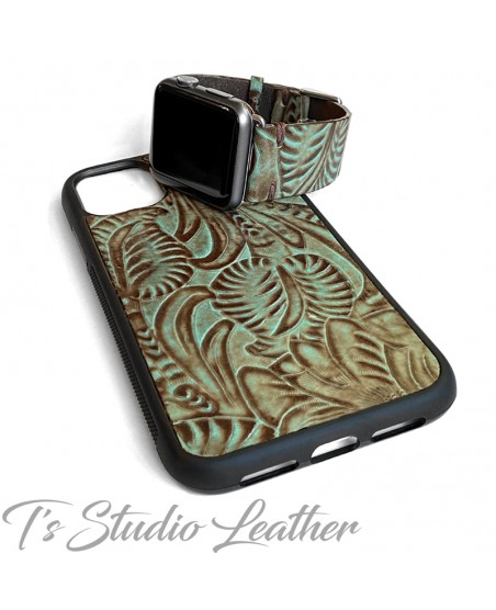Custom Made Western Style Turquoise Brown Floral Leather Phone Case