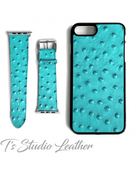 Turquoise Ostrich Emu Embossed Texture Genuine Leather Phone Case