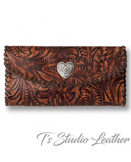 Leather Women's Wallet in Brown Floral Textured Western Style Cowhide