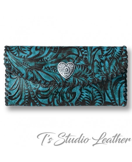Western Style Women's Leather Wallet Turquoise Brown Textured Cowhide