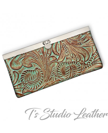 Turquoise Brown Floral Texture Cowhide Leather Western Women's Wallet