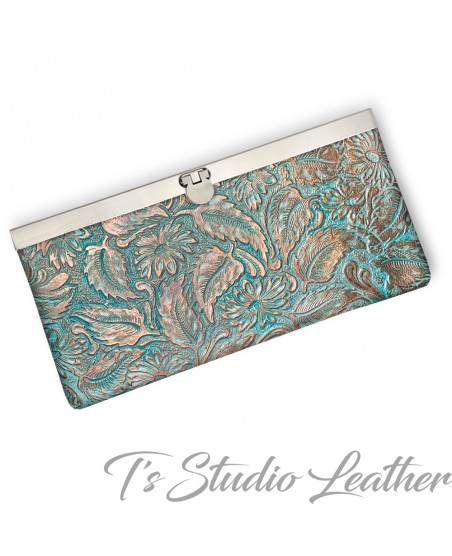 Turquoise and Copper Floral Leather Women's Wallet Embossed Texture