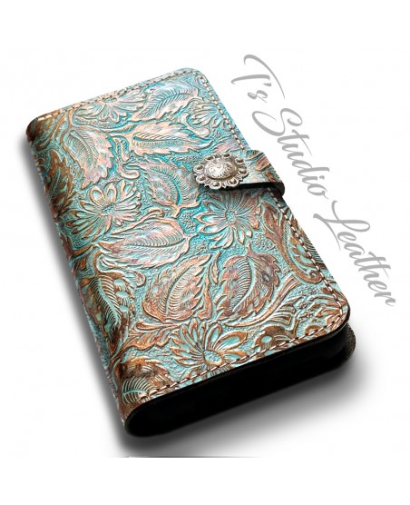 Turquoise and Copper Floral Leather Women's Wallet Embossed Texture