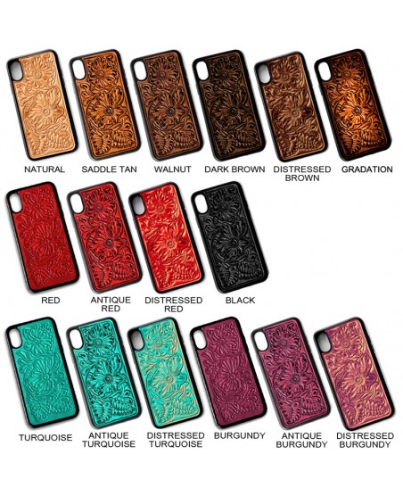 Western Style Hand Tooled Basketweave Leather Phone Case in Brown