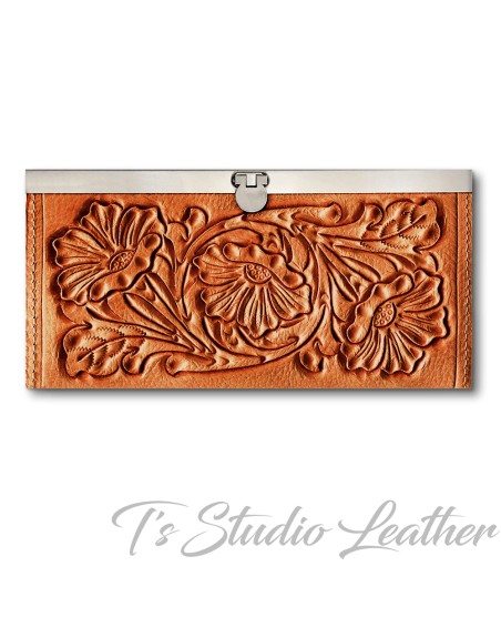 Hand Tooled Western Style Women's Leather Wallet - Floral Pattern