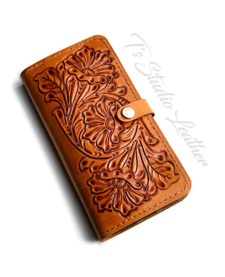 Western Style Hand Tooled Saddle Tan Floral Wallet Style Phone Case
