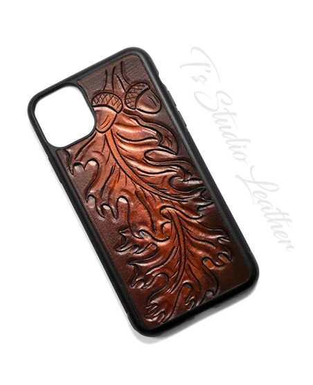 Brown Hand Tooled Oak Leaf and Acorn Western Design Leather Phone Case