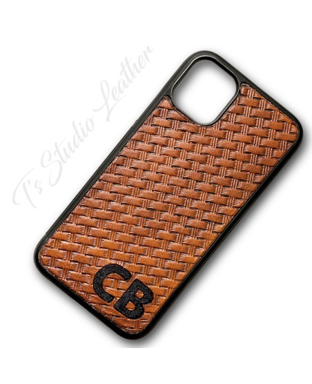 Western Style Hand Tooled Basketweave Leather Phone Case in Brown