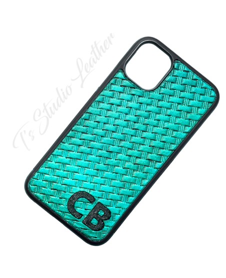 Custom Turquoise Western Hand Tooled Basketweave Leather Phone Case