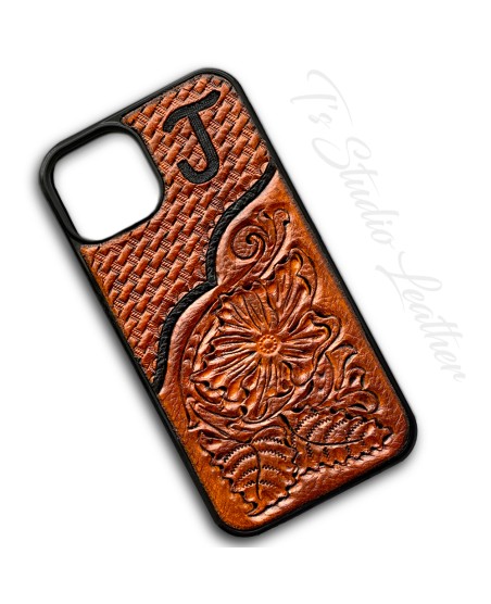 Western Style Hand Tooled Basketweave Leather Phone Case in Brown