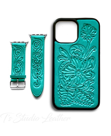 Turquoise Leather Hand Tooled Watch Band
