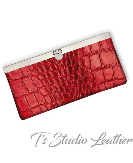 Red Alligator Croc Textured Genuine Embossed Leather Women's Wallet