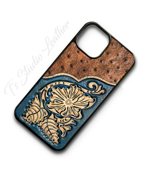 Ostrich Embossed Leather with Hand Tooled Floral Design Phone Case