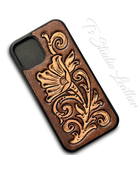 Western Style Hand Tooled Floral Design Leather Phone Case in Brown
