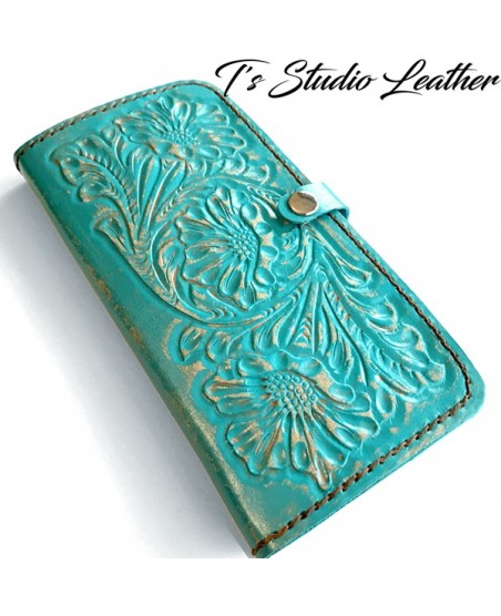 Western Style Hand Tooled Saddle Tan Floral Wallet Style Phone Case
